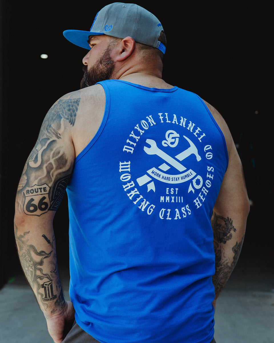 White Working Class Badge Tank Blue Dixxon Flannel Co