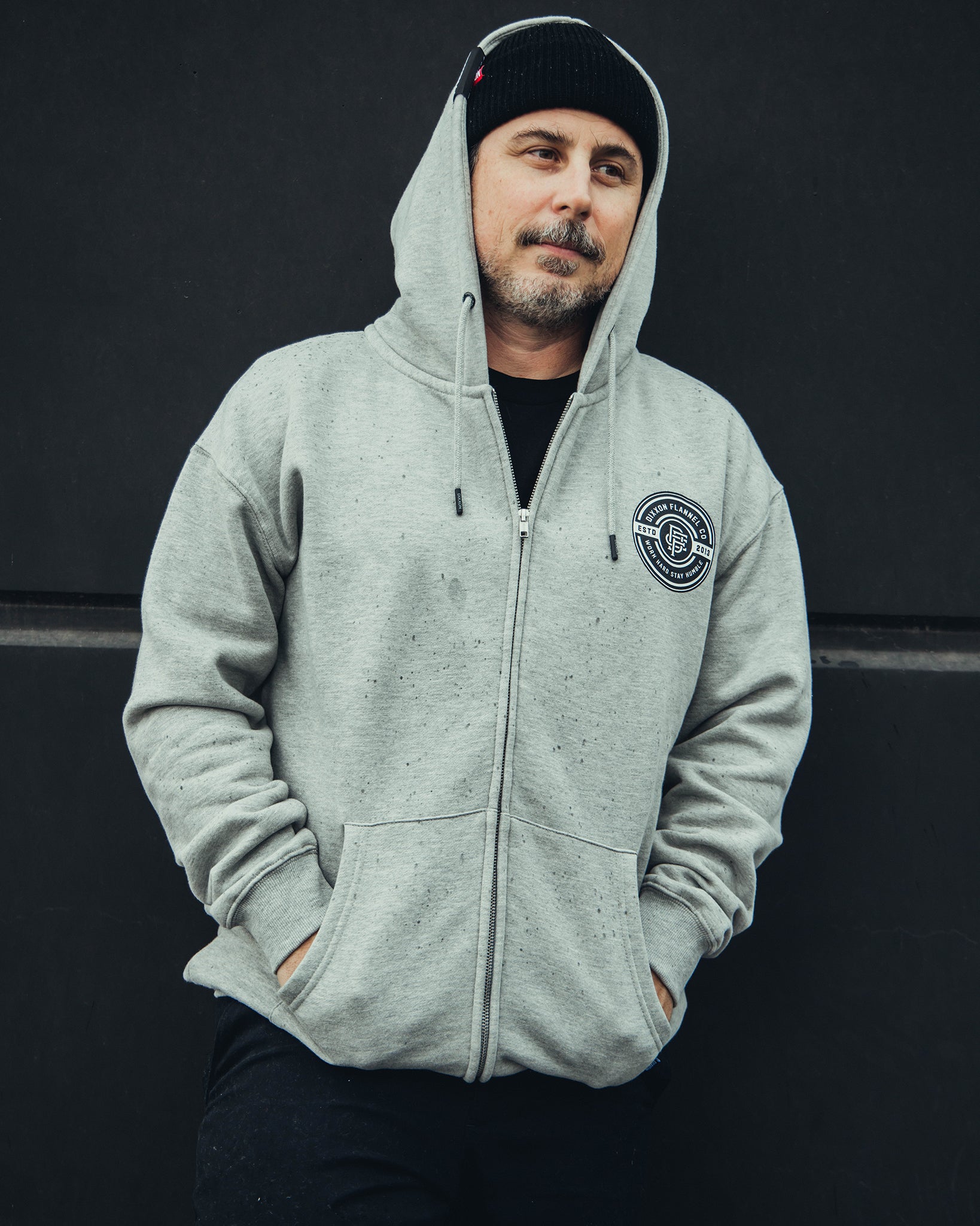 Men's Black Work Hard Badge Zip Up - Heathered Gray | Dixxon Flannel Co.