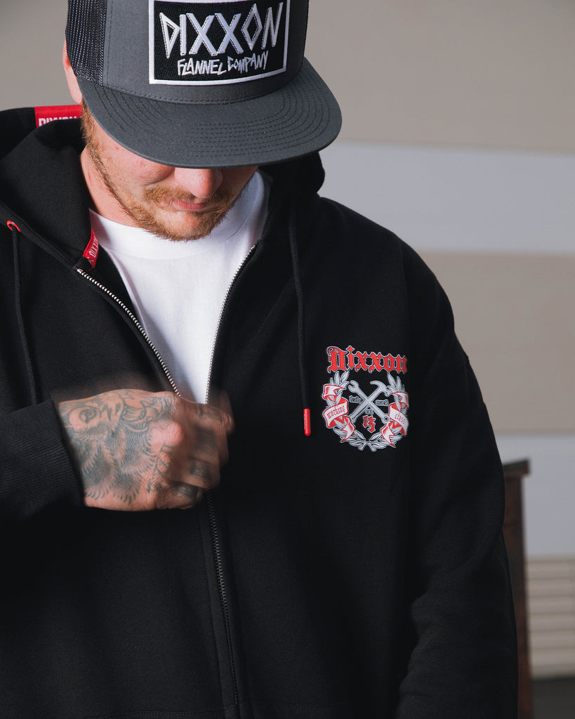 Mens Gray And Red Award Crest Zip Up Hoodie Black Dixxon Flannel Co
